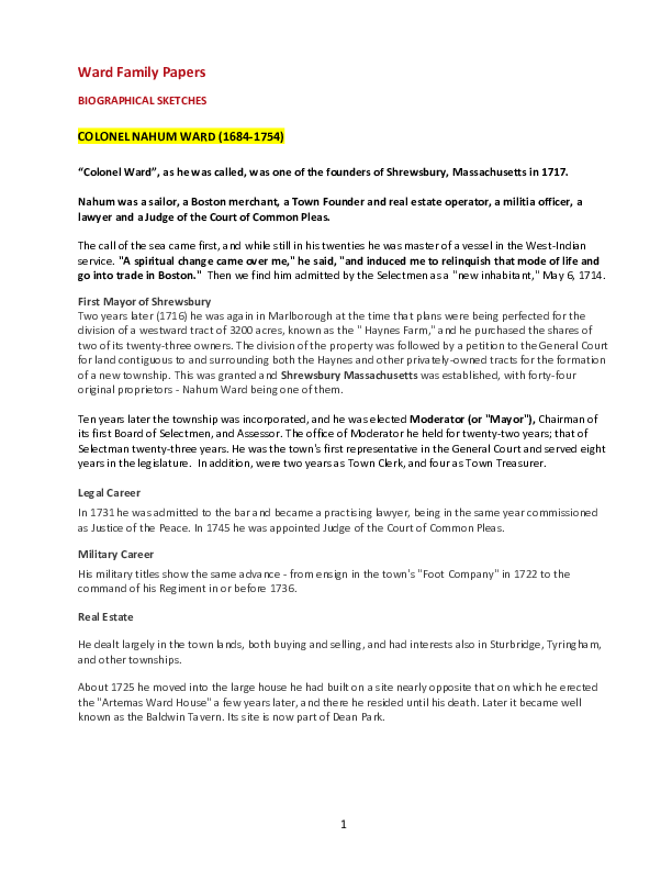 Ward Family Papers (Artemas Ward) - Ward Family Blog